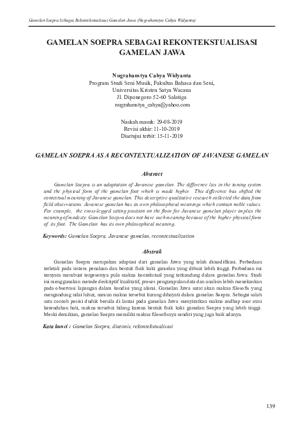 (PDF) GAMELAN SOEPRA SEBAGAI REKONTEKSTUALISASI GAMELAN JAWA