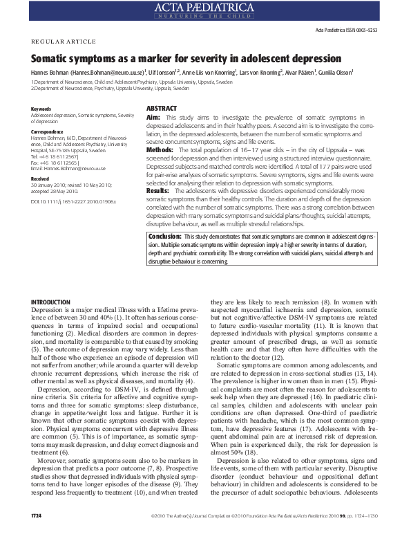 (PDF) Somatic symptoms as a marker for severity in adolescent ...