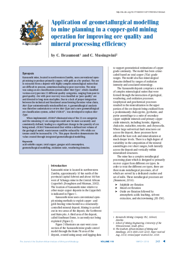 (PDF) Application of geometallurgical modelling to mine planning in a copper-gold mining ...