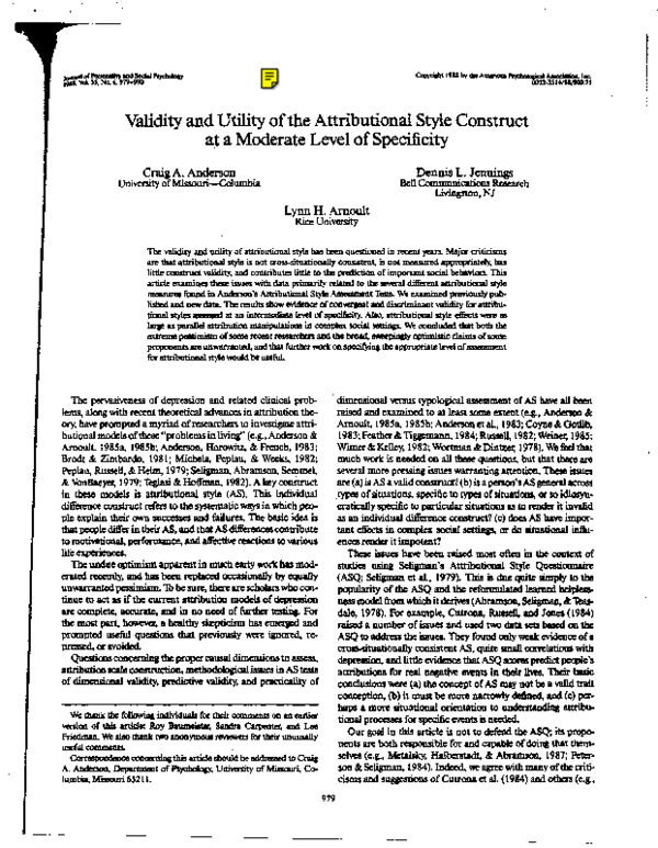 Pdf Validity And Utility Of The Attributional Style Construct At A Moderate Level Of Specificity