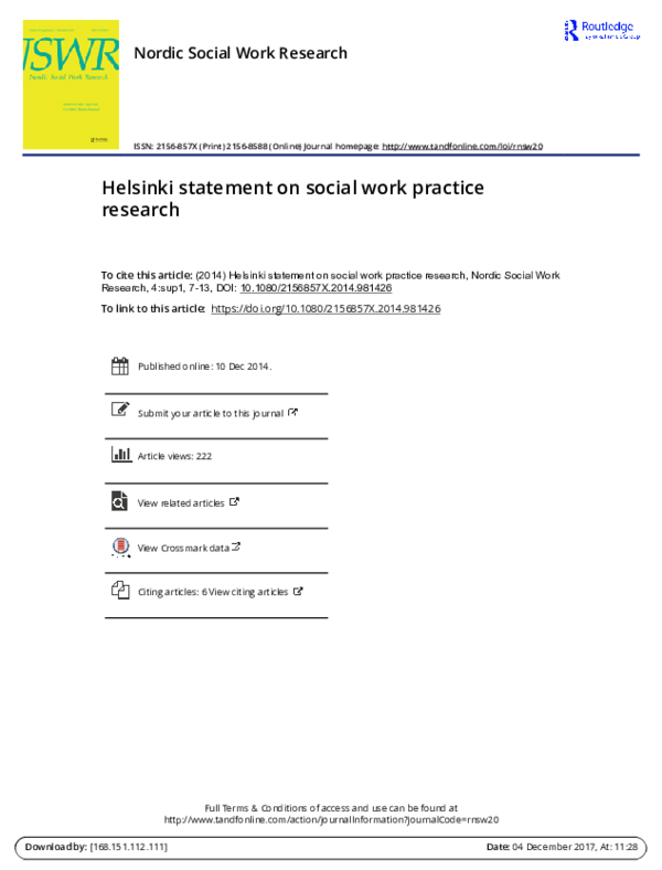 (PDF) Helsinki Statement on Social Work Practice Research