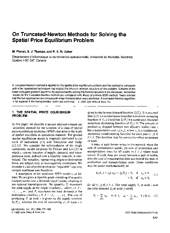 Pdf On Truncated Newton Methods For Solving The Spatial Price Equilibrium Problem