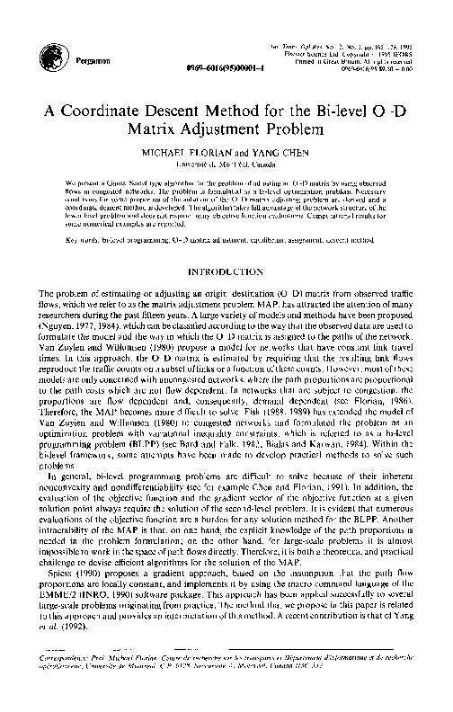 (PDF) A coordinate descent method for the bi-level O-D matrix adjustment problem | Michael ...