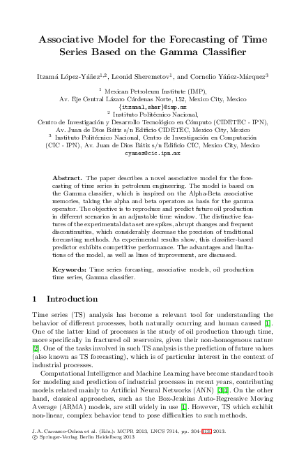 Pdf Associative Model For The Forecasting Of Time Series Based On The Gamma Classifier
