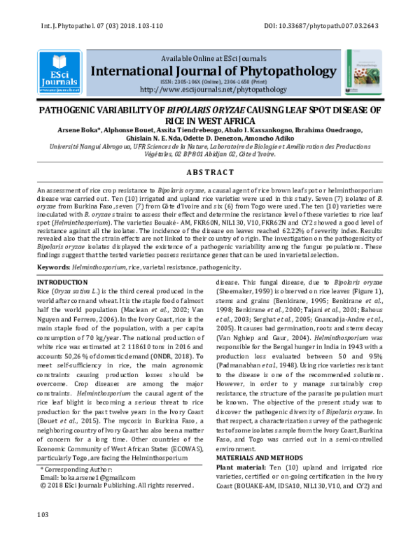 (PDF) Pathogenic Variability of Bipolaris oryzae Causing Leaf Spot ...