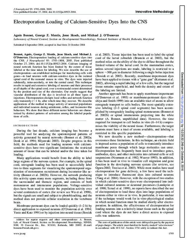 (PDF) Electroporation Loading of Calcium-Sensitive Dyes Into the CNS