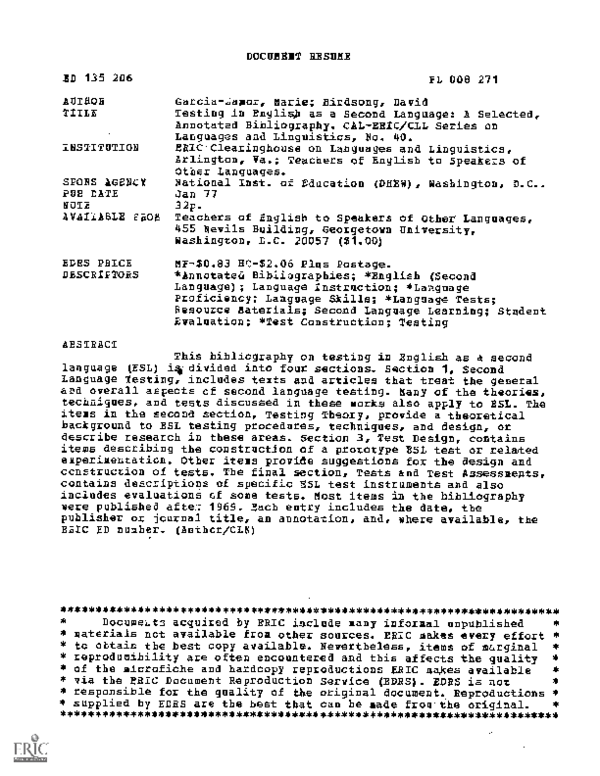 (PDF) Testing in English as a Second Language: A Selected, Annotated ...