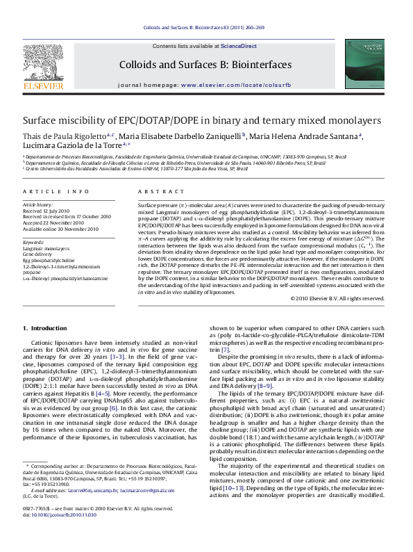 (PDF) Surface miscibility of EPC/DOTAP/DOPE in binary and ternary mixed monolayers