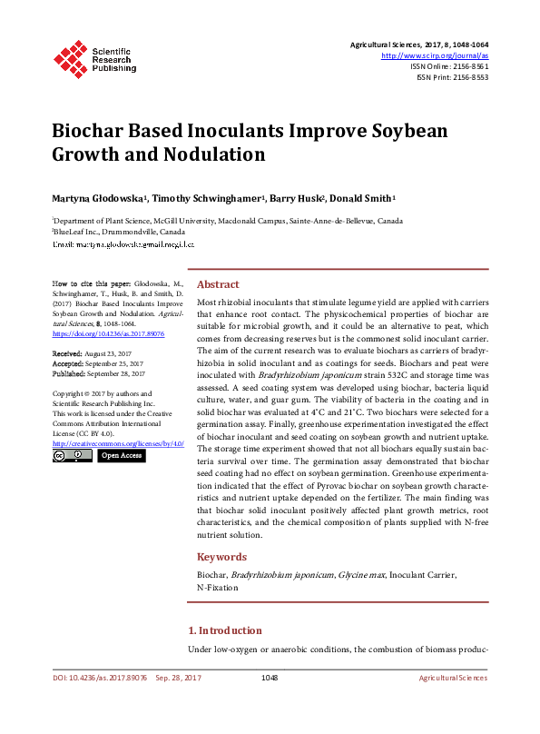 (PDF) Biochar Based Inoculants Improve Soybean Growth and Nodulation