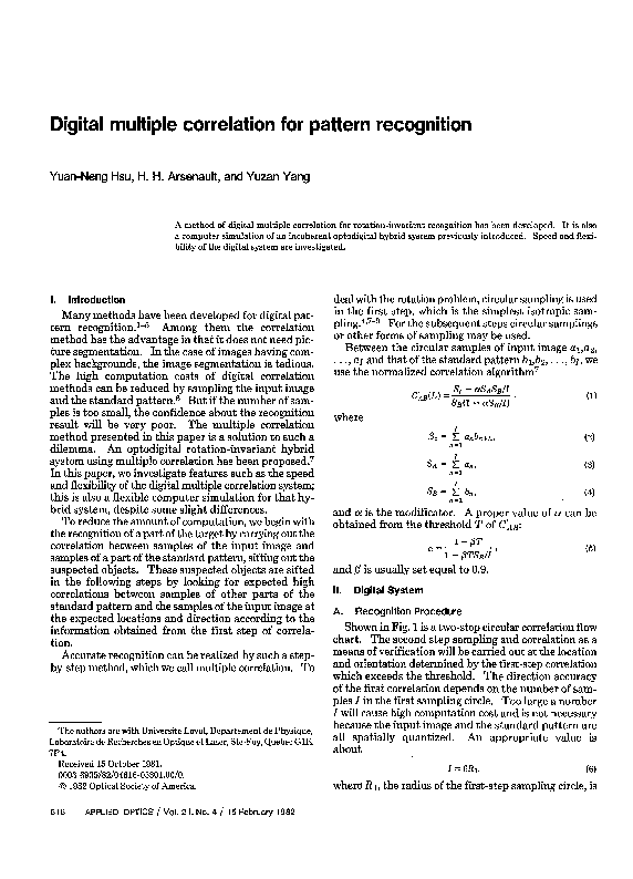 (PDF) Digital multiple correlation for pattern recognition
