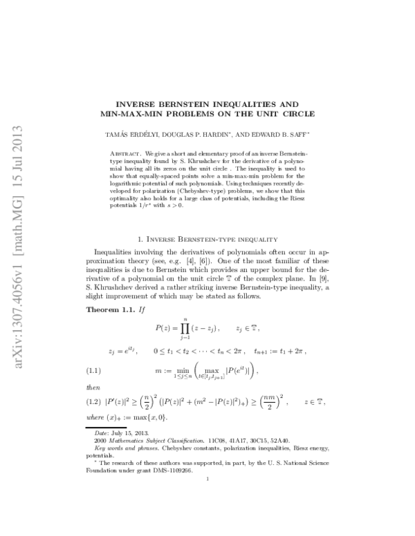 Pdf Inverse Bernstein Inequalities And Min Max Min Problems On The Unit Circle
