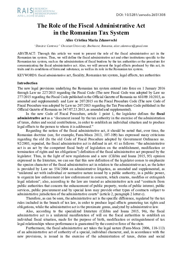 (PDF) The Role of the Fiscal Administrative Act in the Romanian Tax System