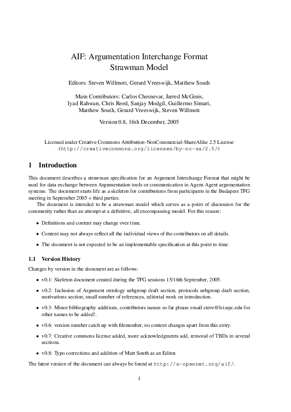 (PDF) AIF: Argumentation Interchange Format Strawman Model