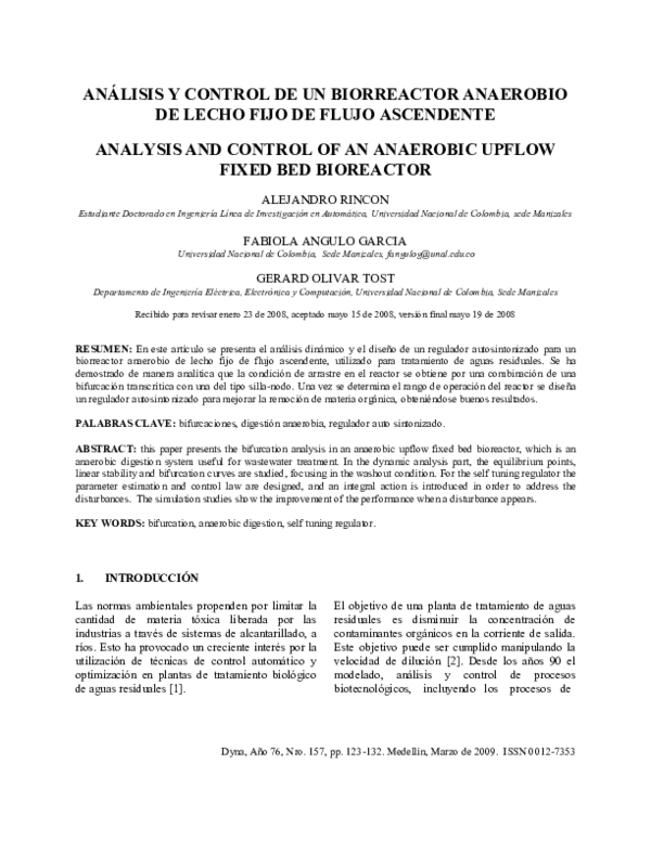 (PDF) Análisis y control de un biorreactor anaerobio de lecho fijo de ...