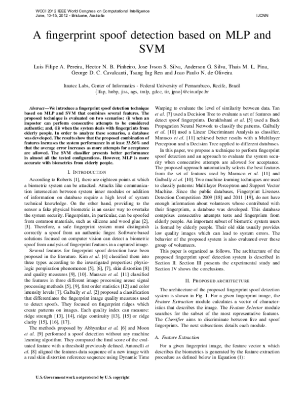 Pdf A Fingerprint Spoof Detection Based On Mlp And Svm