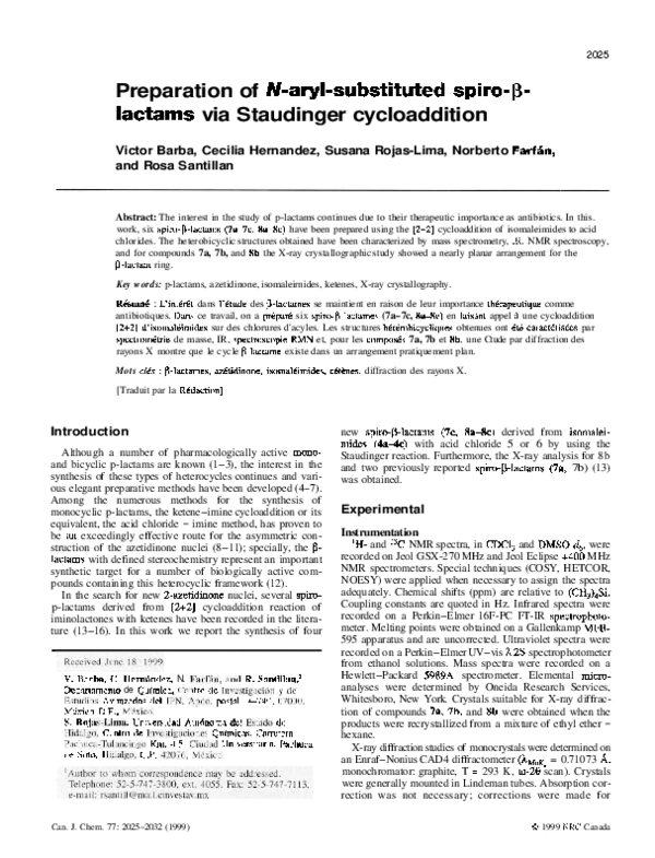 (PDF) Preparation of N -aryl-substituted spiro-β-lactams via Staudinger ...