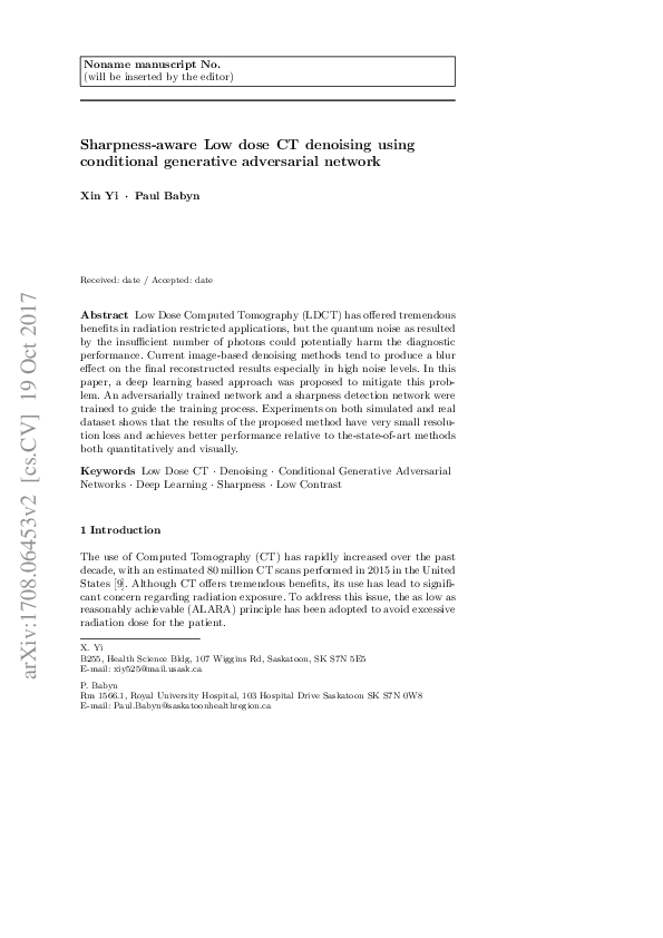 (PDF) Sharpness-Aware Low-Dose CT Denoising Using Conditional Generative Adversarial Network