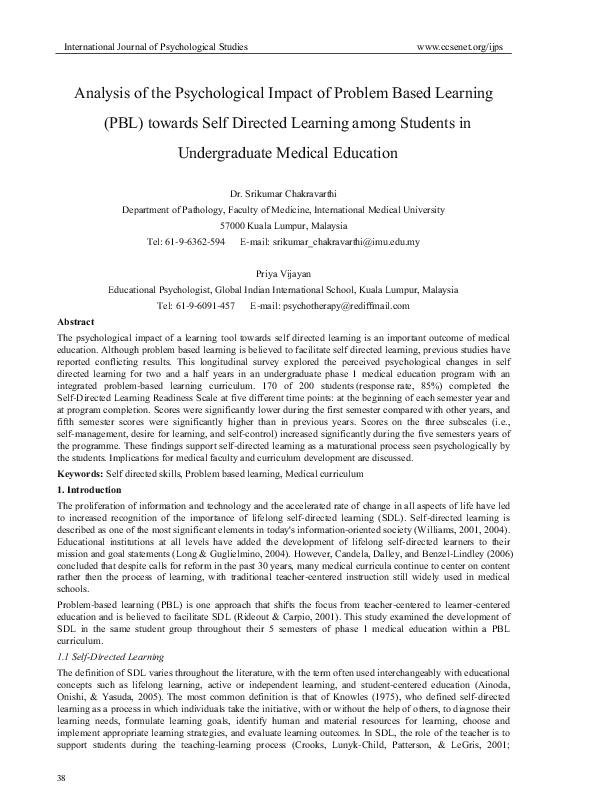 (PDF) Analysis of the psychological impact of Problem Based Learning ...