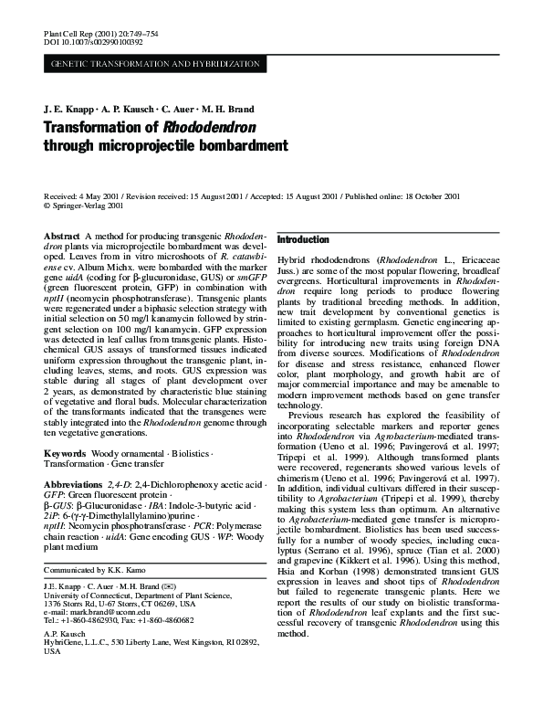 (PDF) Transformation of Rhododendron through microprojectile bombardment
