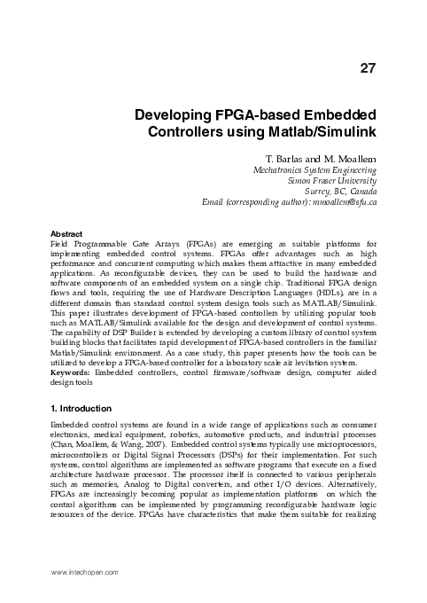 Pdf Developing Fpga Based Embedded Controllers Using Matlabsimulink 543 X Developing Fpga