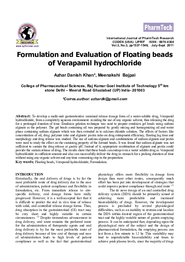 Pdf Formulation And Evaluation Of Floating Beads Of Verapamil Hydrochloride