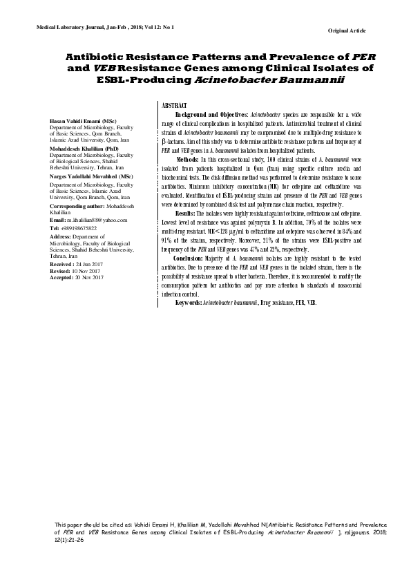 (PDF) Antibiotic Resistance Patterns and Prevalence of PER and VEB Resistance Genes among ...