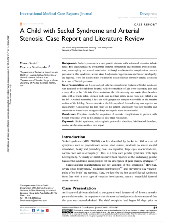 (PDF) A Child with Seckel Syndrome and Arterial Stenosis: Case Report ...