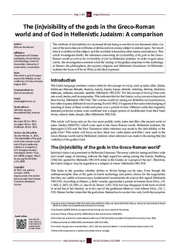 (PDF) Divine (In)Visibility: Greco-Roman and Jewish Views