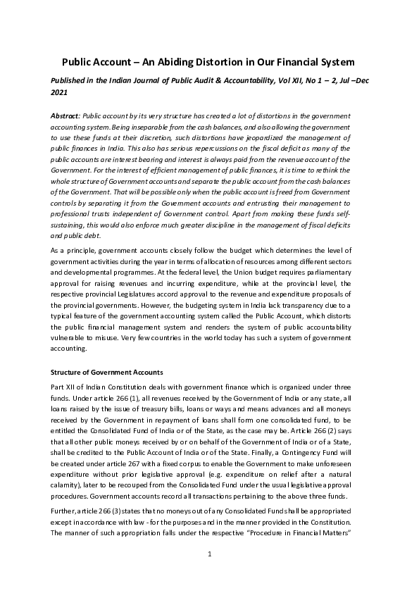 (PDF) Government Accounting : Public Account -An Abiding Distortion in ...