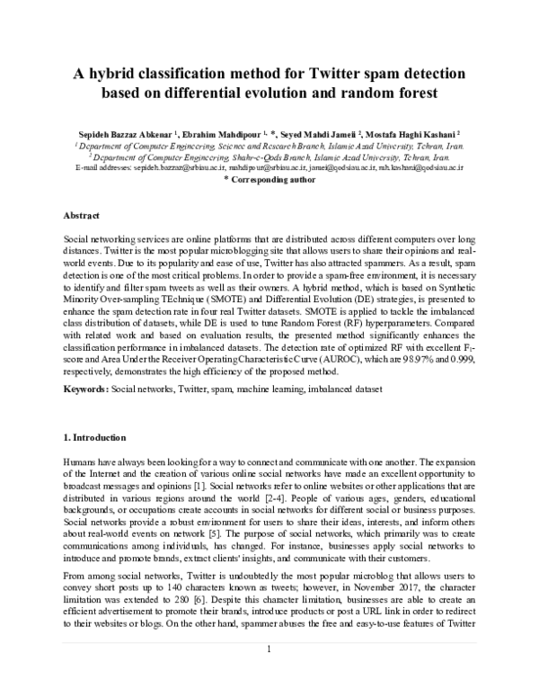 (PDF) A hybrid classification method for Twitter spam detection based on differential evolution ...