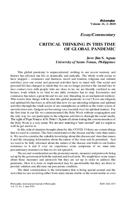 (PDF) Essay/Commentary CRITICAL THINKING IN THIS TIME OF GLOBAL PANDEMIC