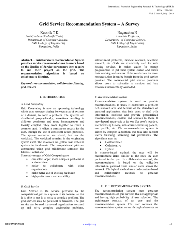 Pdf Ijert Grid Service Recommendation System A Survey