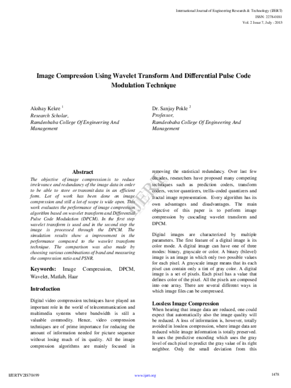 Pdf Ijert Image Compression Using Wavelet Transform And Differential Pulse Code Modulation