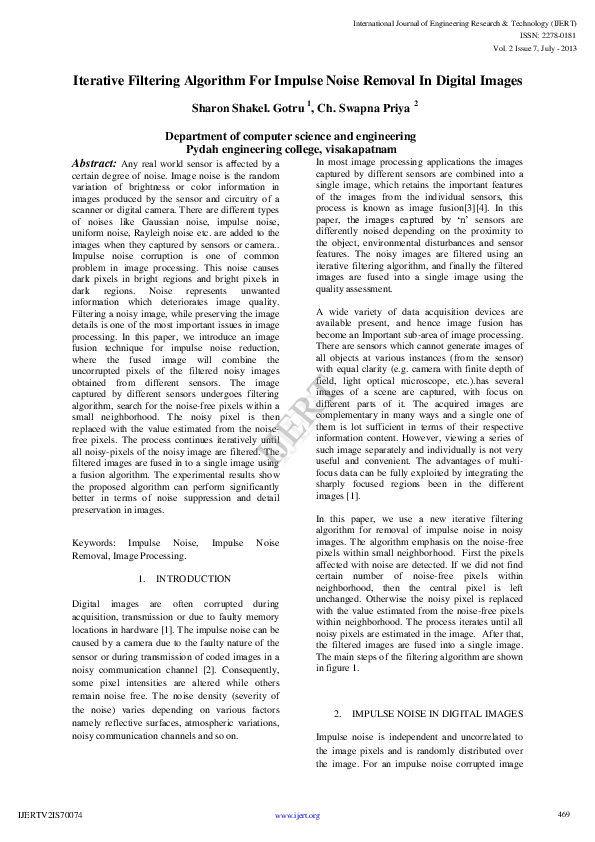 (PDF) IJERT-Iterative Filtering Algorithm For Impulse Noise Removal In Digital Images