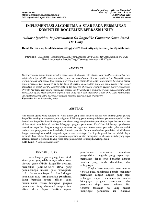 (PDF) Implementasi Algoritma A-Star Pada Permainan Komputer Roguelike Berbasis Unity
