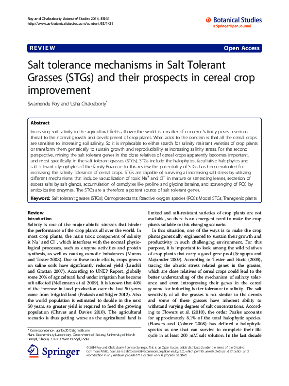 (PDF) Salt tolerance mechanisms in Salt Tolerant Grasses (STGs) and ...