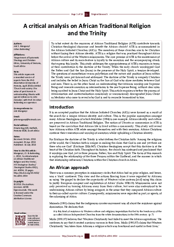 (PDF) A critical analysis on African Traditional Religion and the Trinity