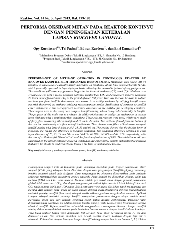 (PDF) PERFORMA OKSIDASI METAN PADA REAKTOR KONTINYU DENGAN PENINGKATAN ...