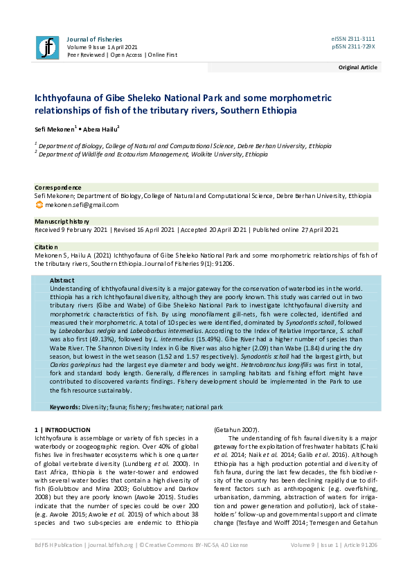 (PDF) Ichthyofauna of Gibe Sheleko National Park and some morphometric ...