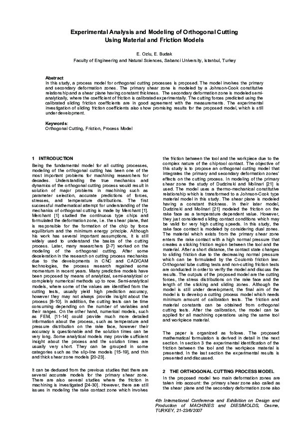 Pdf Experimental Analysis And Modeling Of Orthogonal Cutting Using Material And Friction Models
