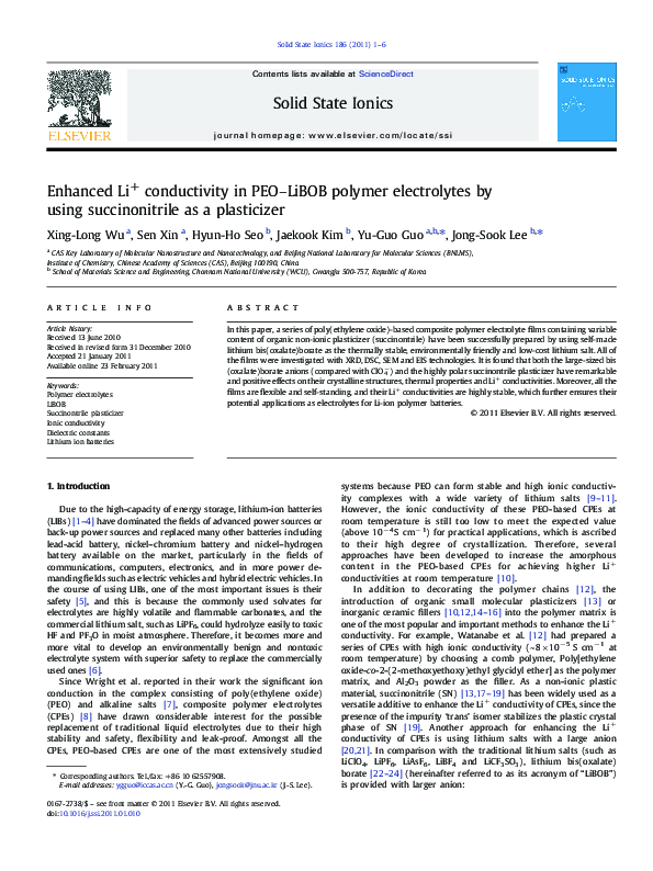 (PDF) Enhanced Li+ conductivity in PEO–LiBOB polymer electrolytes by ...