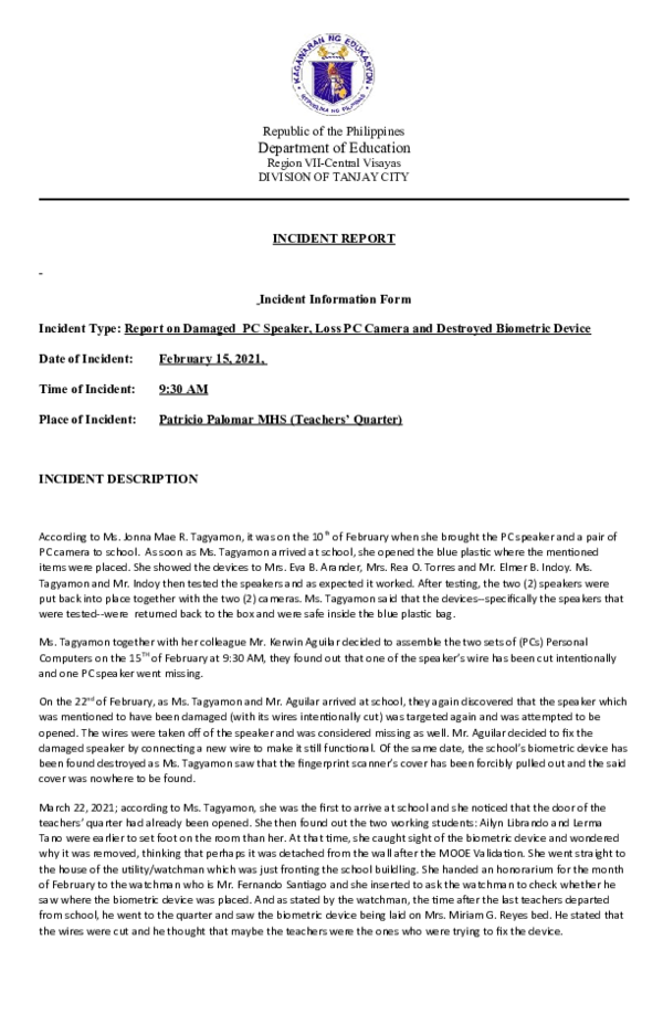 (DOC) Incident report on damage and loss devices PPMHS