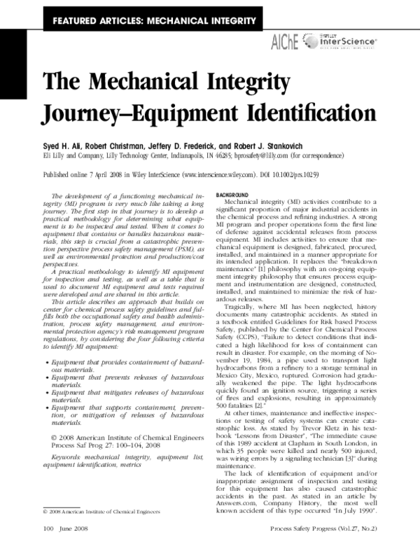 (PDF) The mechanical integrity journey—Equipment identification