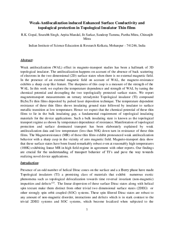 (PDF) Weak-Antilocalization induced Enhanced Surface Conductivity and ...