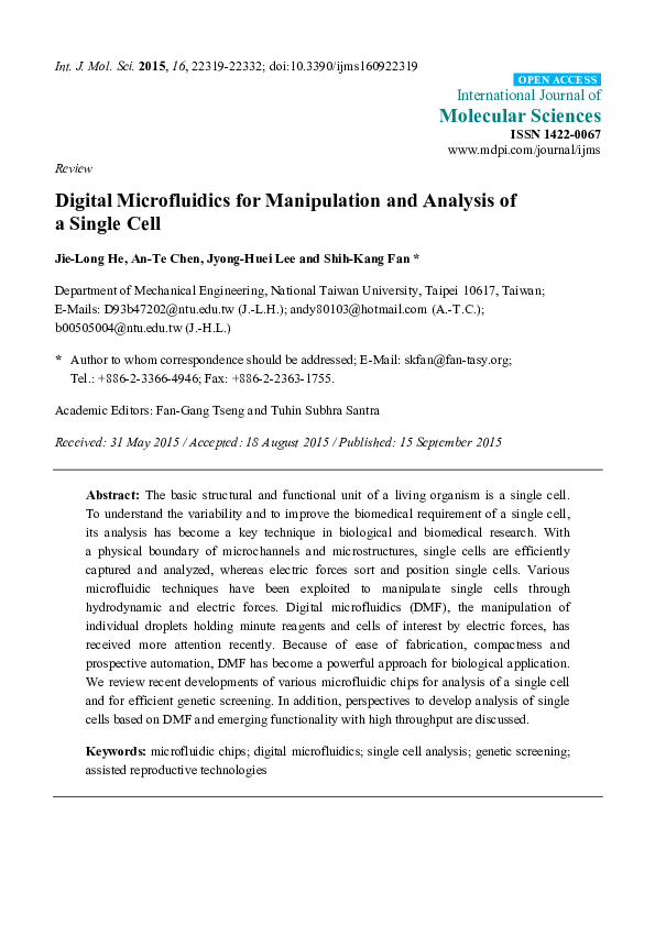 Pdf Digital Microfluidics For Manipulation And Analysis Of A Single Cell