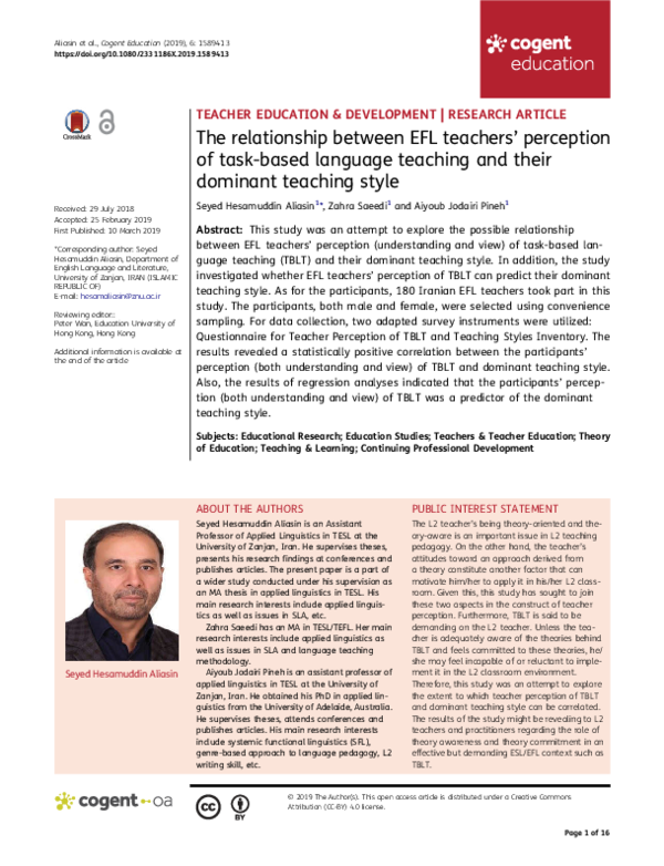 (PDF) The relationship between EFL teachers’ perception of task-based language teaching and ...