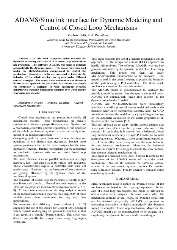 (PDF) ADAMS/Simulink interface for dynamic modeling and control of closed loop mechanisms