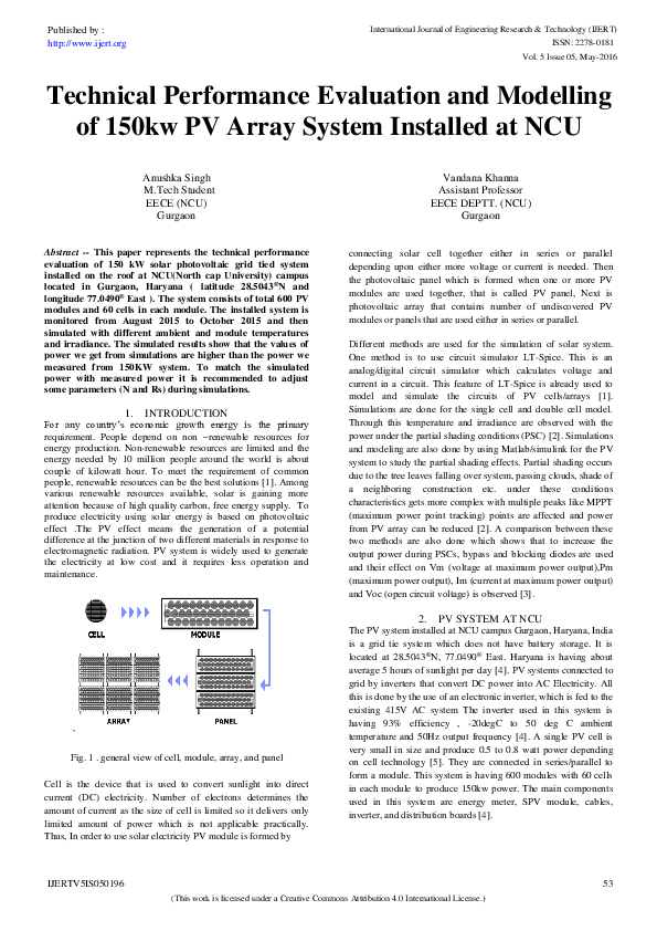 (PDF) Technical Performance Evaluation and Modelling of 150kw PV Array ...
