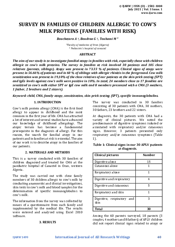 (PDF) Familial Atopy in Children Allergic to Cow's Milk Proteins