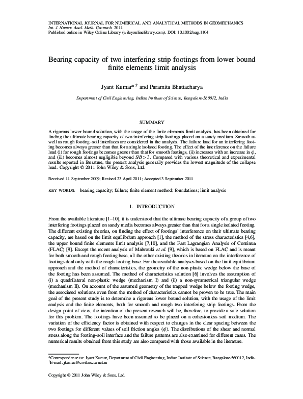 (PDF) Bearing capacity of two interfering strip footings from lower bound finite elements limit ...